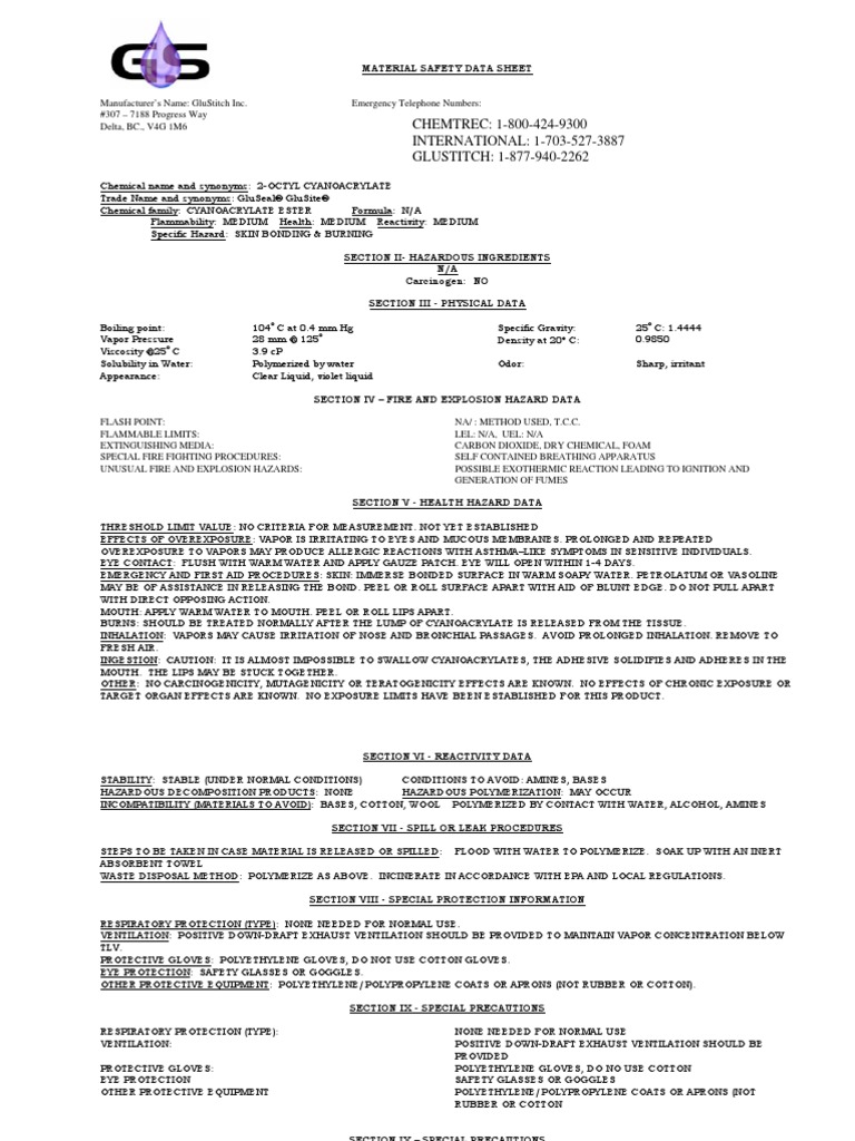 6036 A MSDS For Butyl Octyl Glushield GluStitch PeriAcryl | PDF | Fires ...
