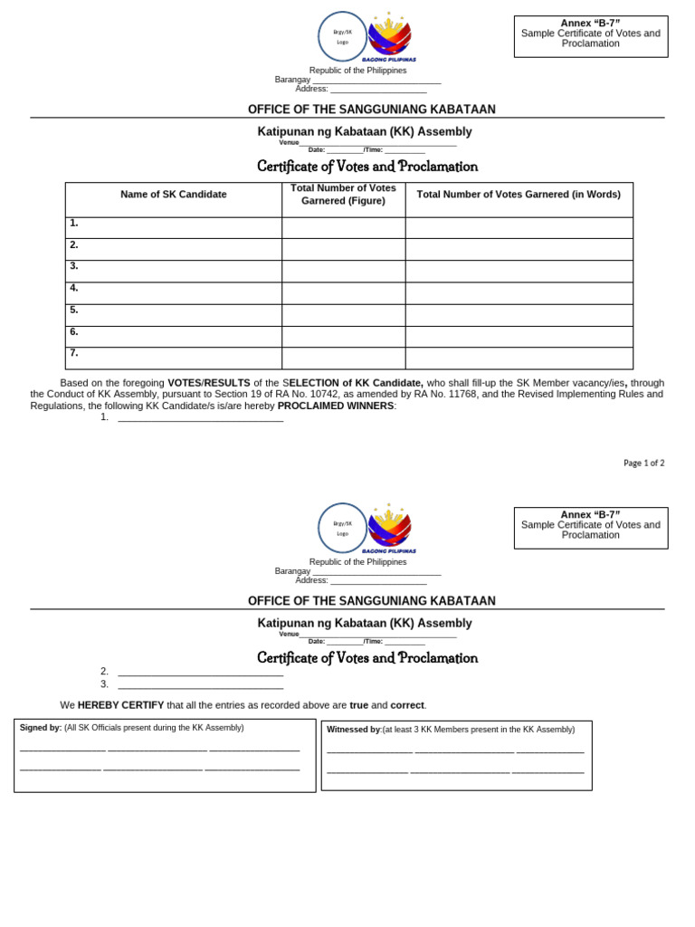 SK Assembly Vote Certification Template | PDF | Government