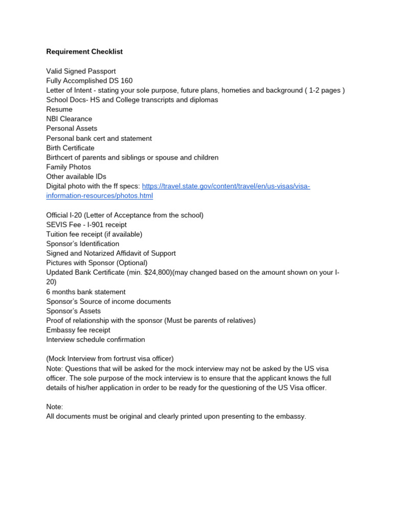 Requirement Checklist F1 Visa | PDF