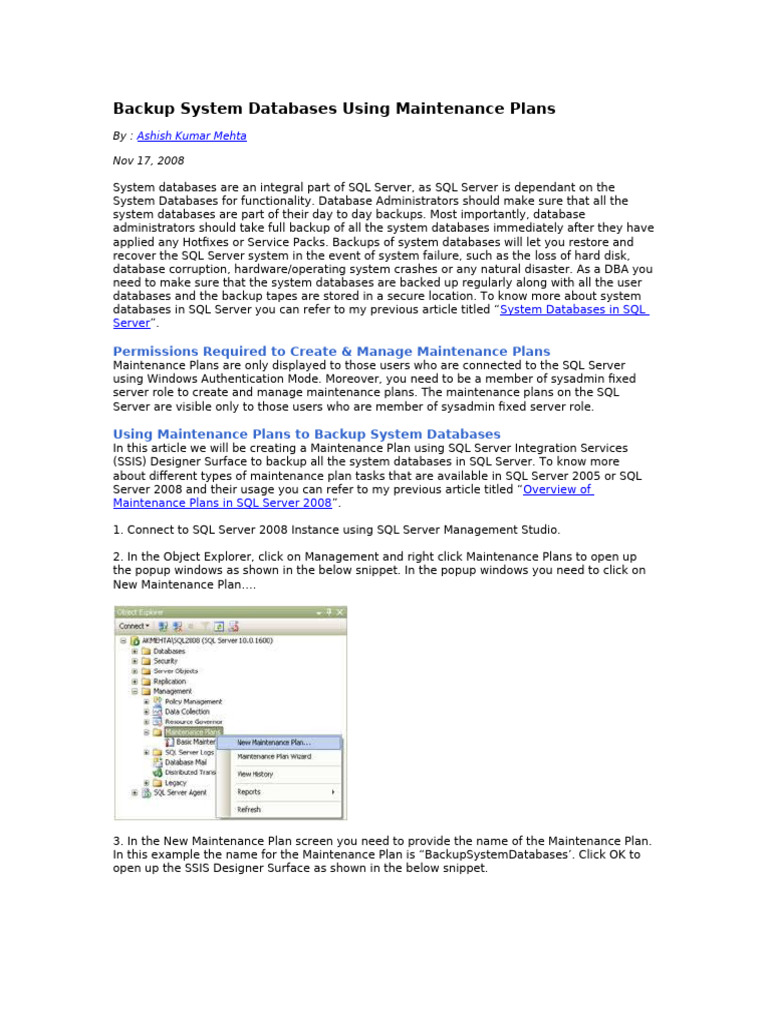 Backup System Databases Using Maintenance Plans | PDF | Databases | Backup
