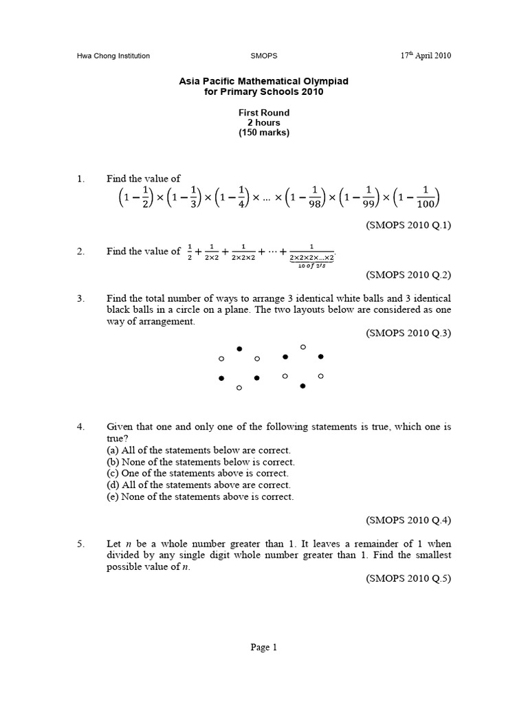 APMOPS (SMOPS) 2010 First Round | PDF | Area | Circle