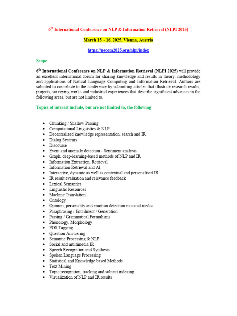 6th International Conference On NLP & Information Retrieval (NLPI 2025 ...