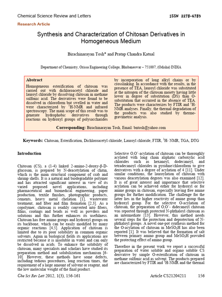 Chem Sci Rev Lett Chitosan | PDF | Ester | Proton Nuclear Magnetic Resonance