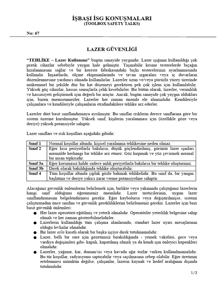 ISBASI ISG KONUSMALARI-67 - Lazer Guvenligi | PDF