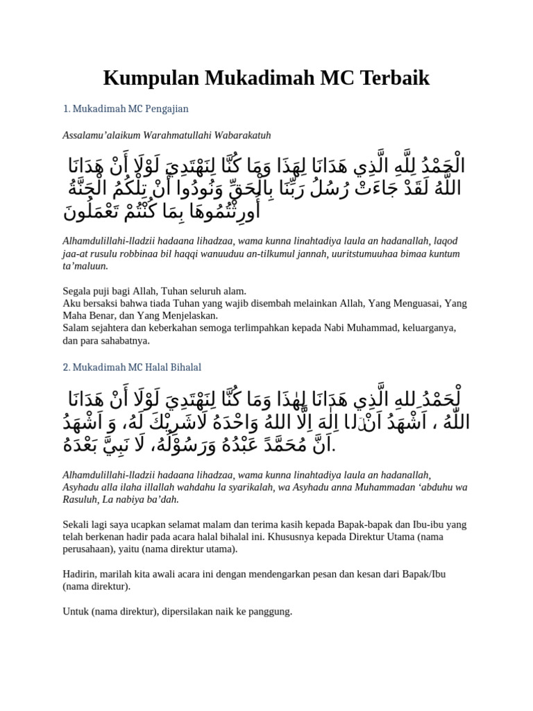Kumpulan Mukadimah MC Terbaik | PDF