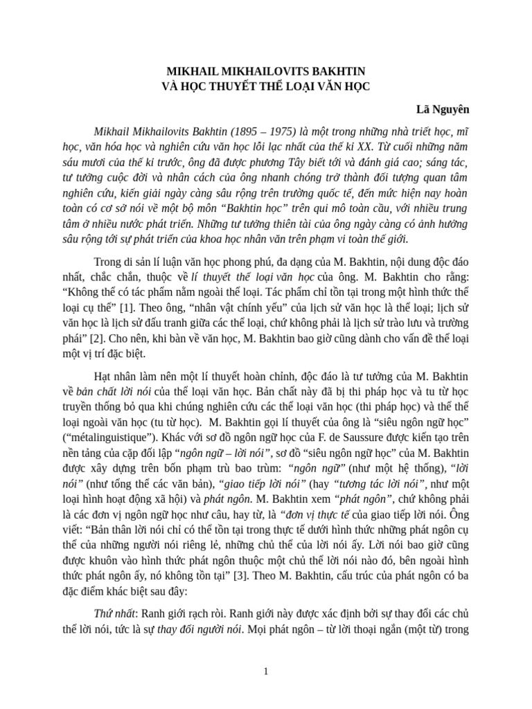 Mikhail Mikhailovits Bakhtin Và Học Thuyết Thể Loại Văn Học - Lã Nguyên ...