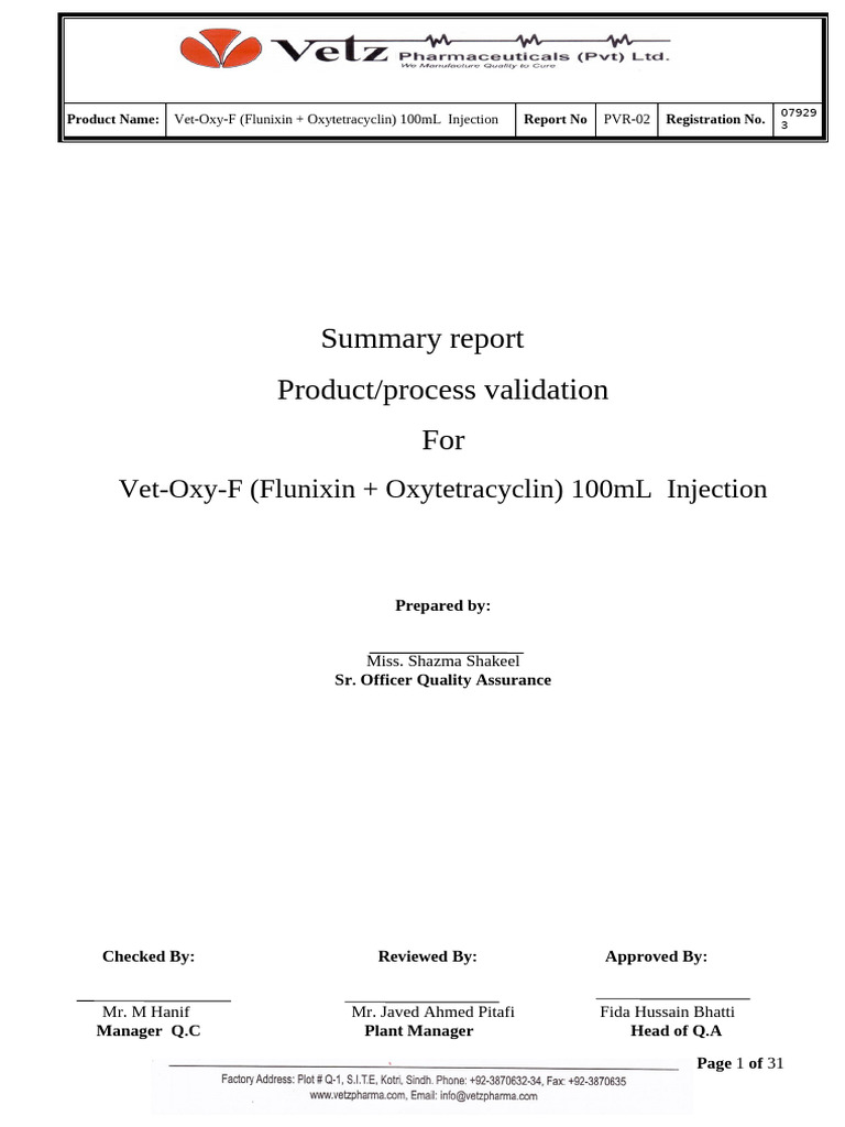 Process Validation Report For Vet-Oxy F (Flunixin + Oxytetracyclin) 100mL Injection | PDF | High ...