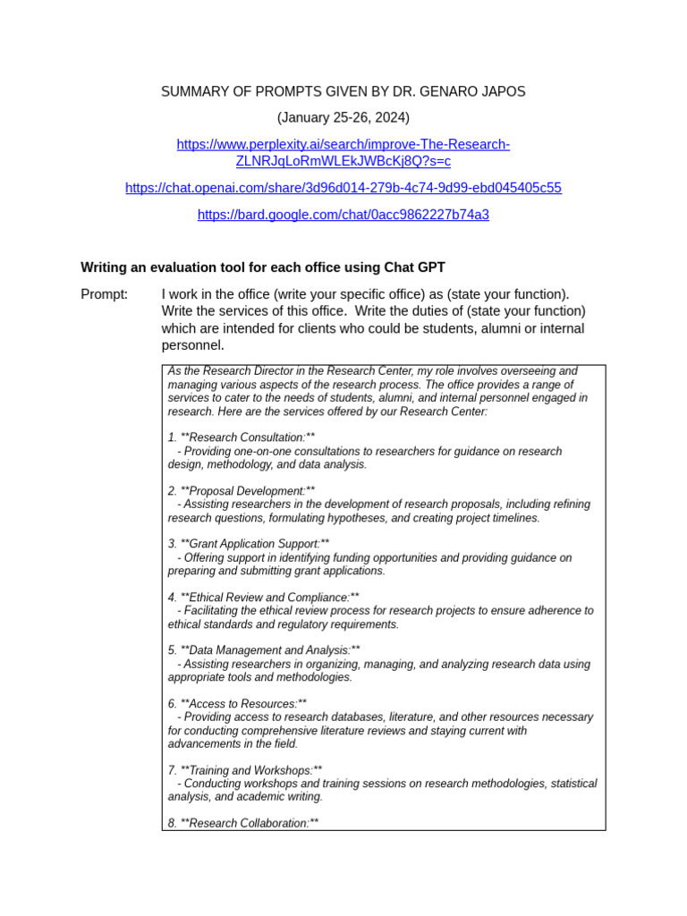 Summary of Prompts Given by DR Japos - January 25 - 26 - 2024 - Second ...