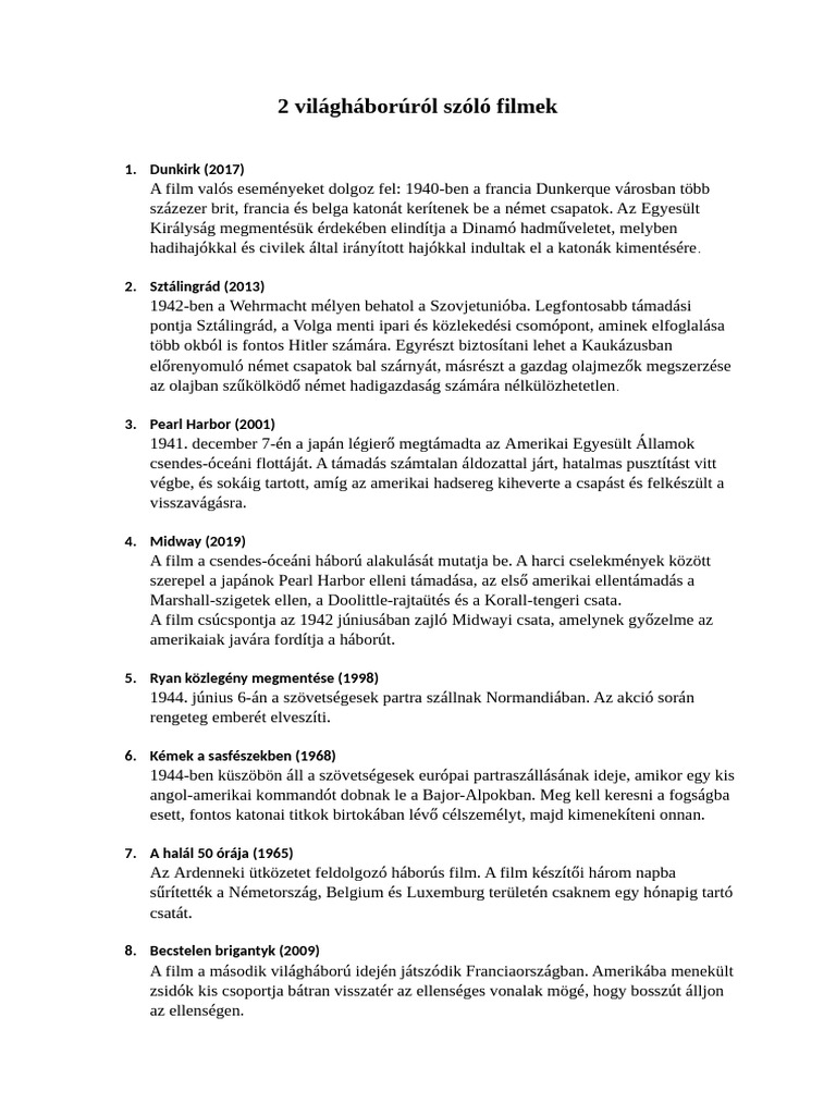 2 Világháborúról Szóló Filmek | PDF