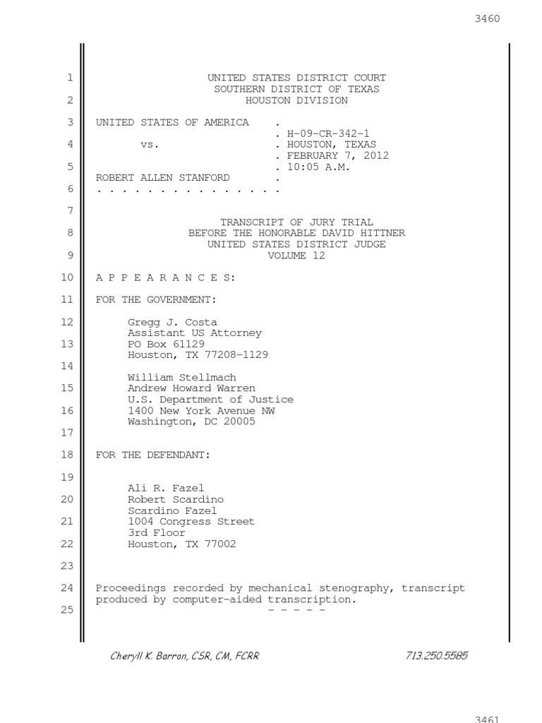 Allen Stanford Criminal Trial Transcript Volume 12 Feb. 7, 2012 | Cross ...