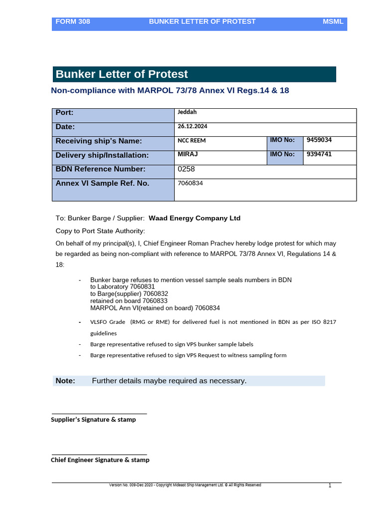 Form 308 Bunker Letter of Protest | PDF