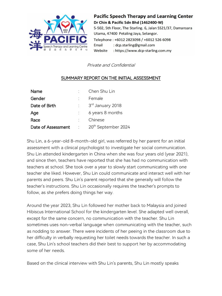 Chen Shu Lin - Clinical Psychology Initial Assessment Summary Report | PDF | Communication ...