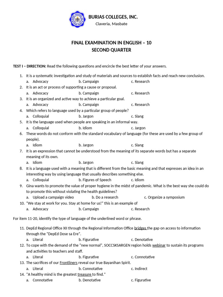 English 10 Final Exam: Language and Advocacy | PDF | Linguistics ...