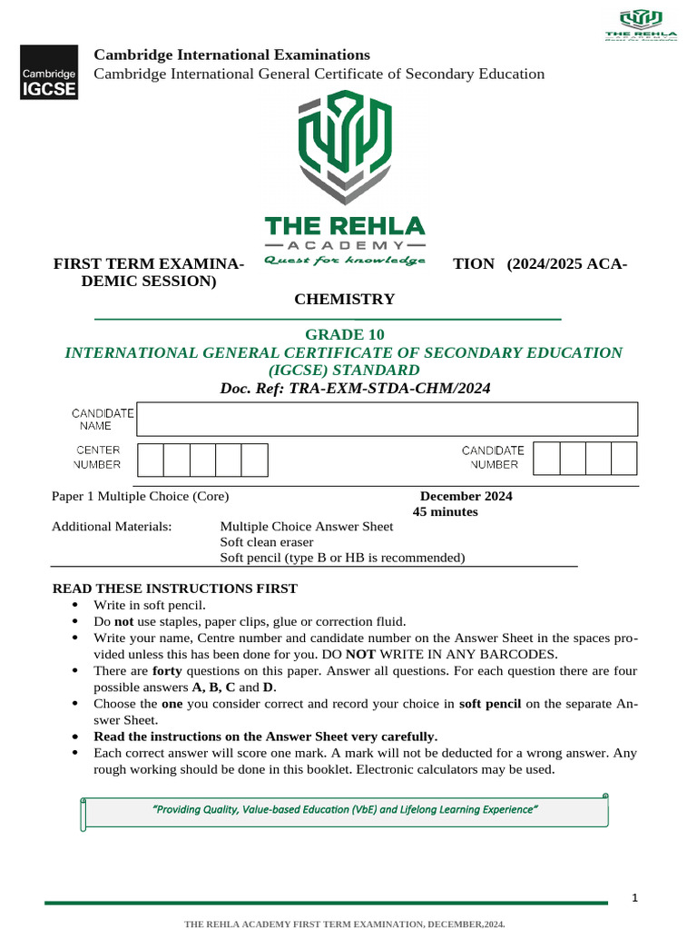 Tra Grade 10 First Term Chm 1 Examination | PDF | Atoms | Ion