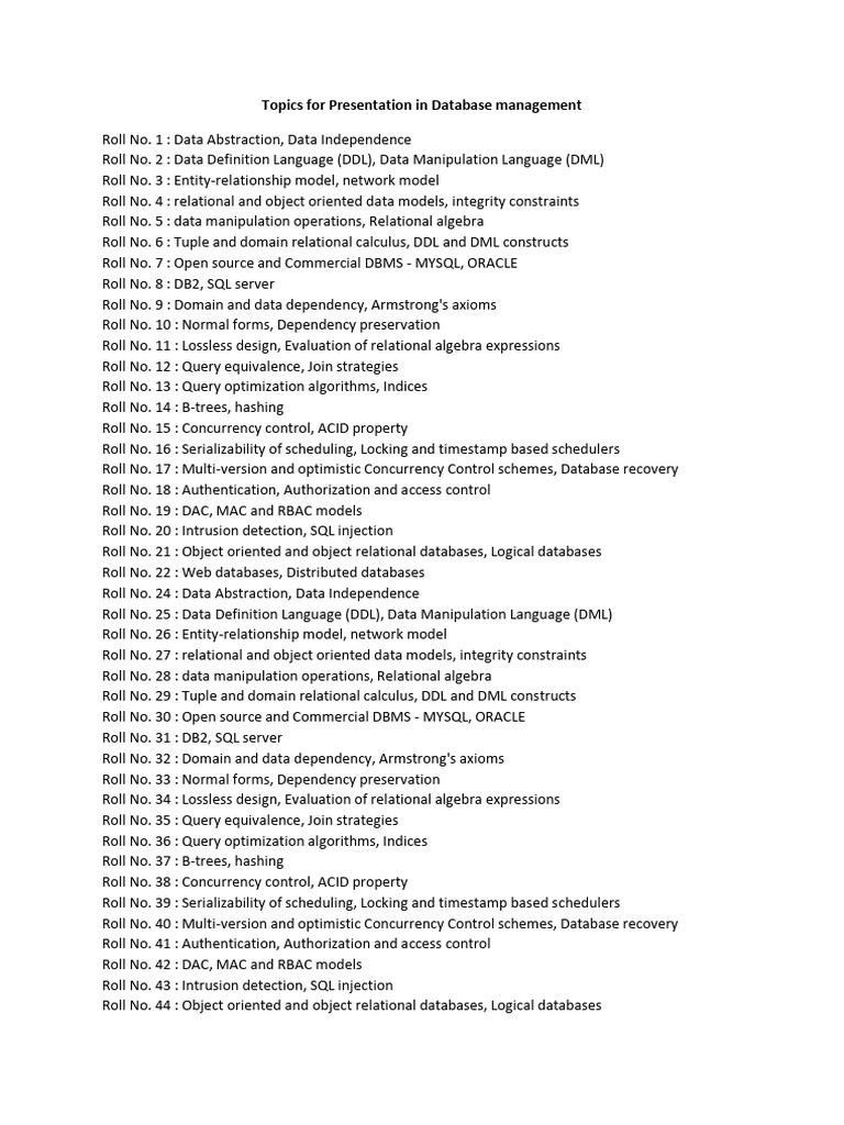 Topics Assigned To Each Student For Presentation in Database Management | PDF | Relational ...