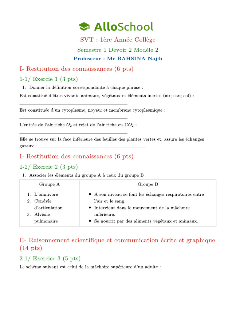 SVT 1ac Semestre 1 Devoir 2 Modele 2 1 | PDF