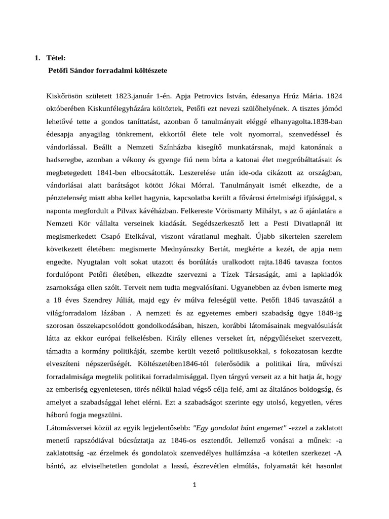 Irodalom Kidolgozott Tételek 2024 4 | PDF