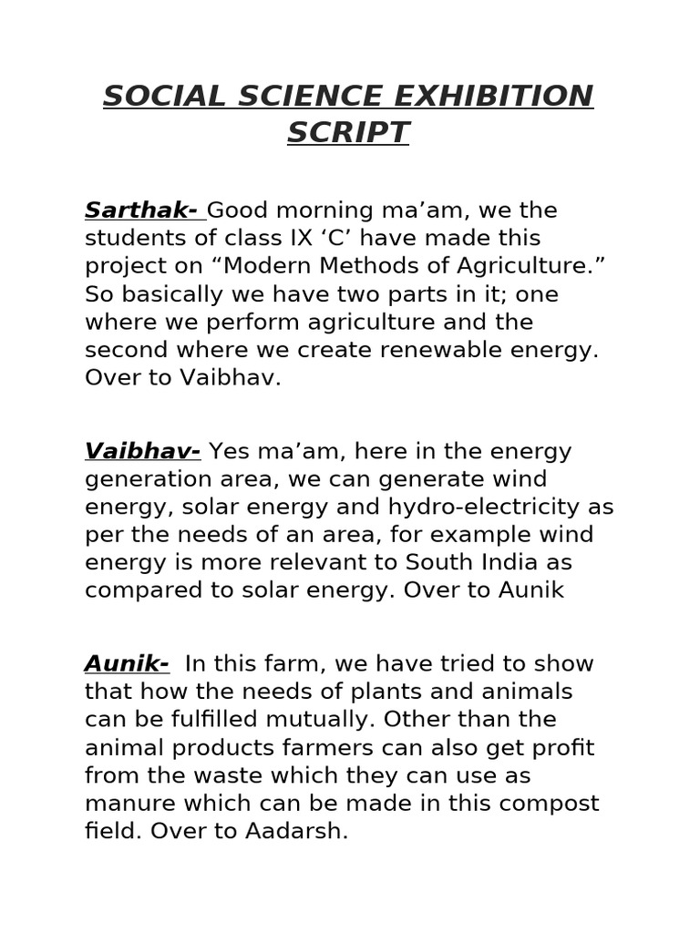 Social Science Exhibition Script | PDF