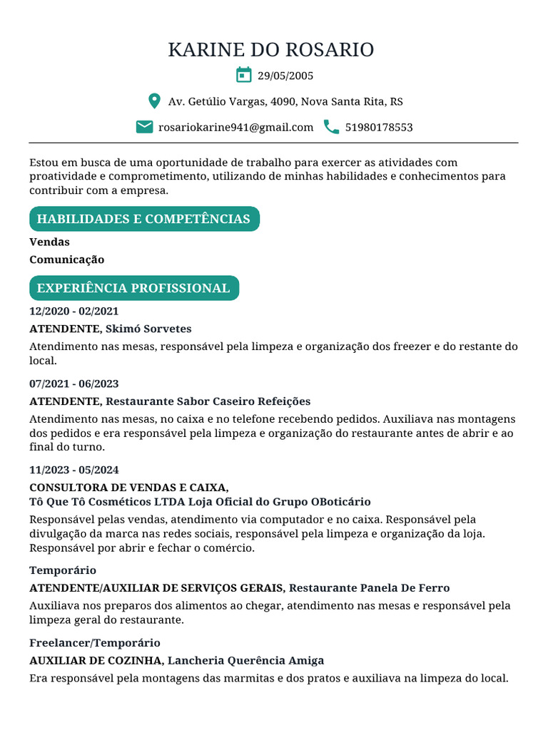 Currículo de Karine do Rosário: Vendas e Atendimento | PDF