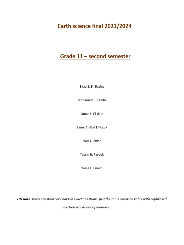 Earth Science Final 2023-2024-1 | PDF | Rock (Geology) | Fossil