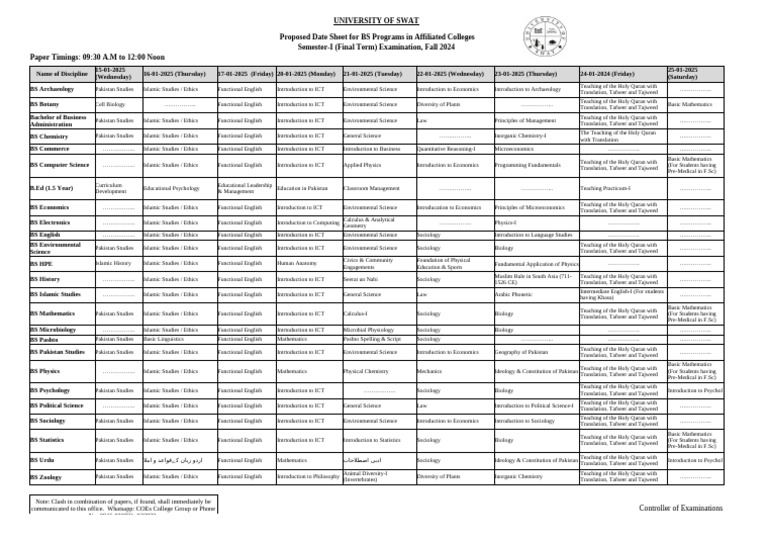 BS Programs Date Sheet Fall 2024 | PDF | Science | Bachelor Of Science