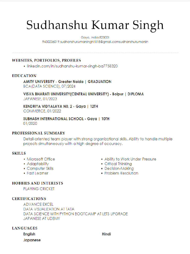 Resume Sudhanshu | PDF