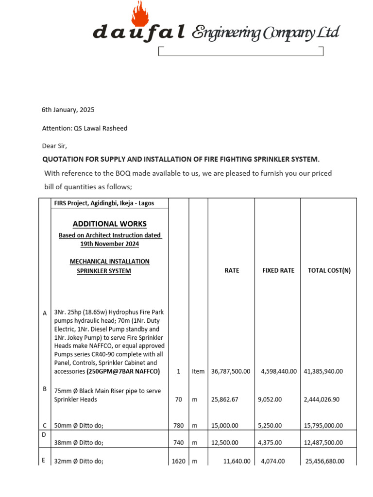 Fire Sprinkler System Quote Lagos | PDF | Chemical Engineering ...