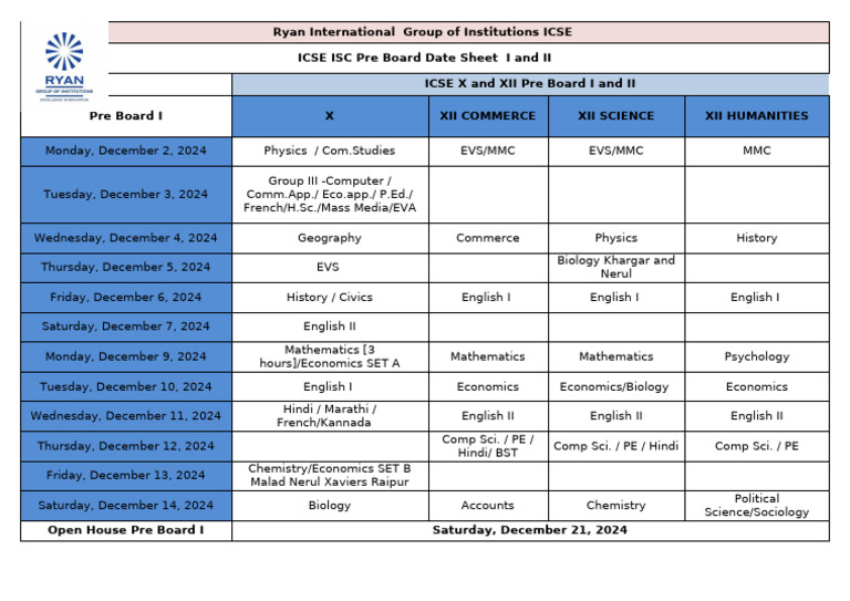 CBSE ICSE Pre Board Datesheet Grade X and XII AY 2024-2025 | PDF ...