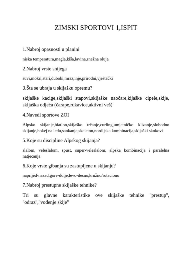 ZIMSKI SPORTOVI 1 ispit | PDF