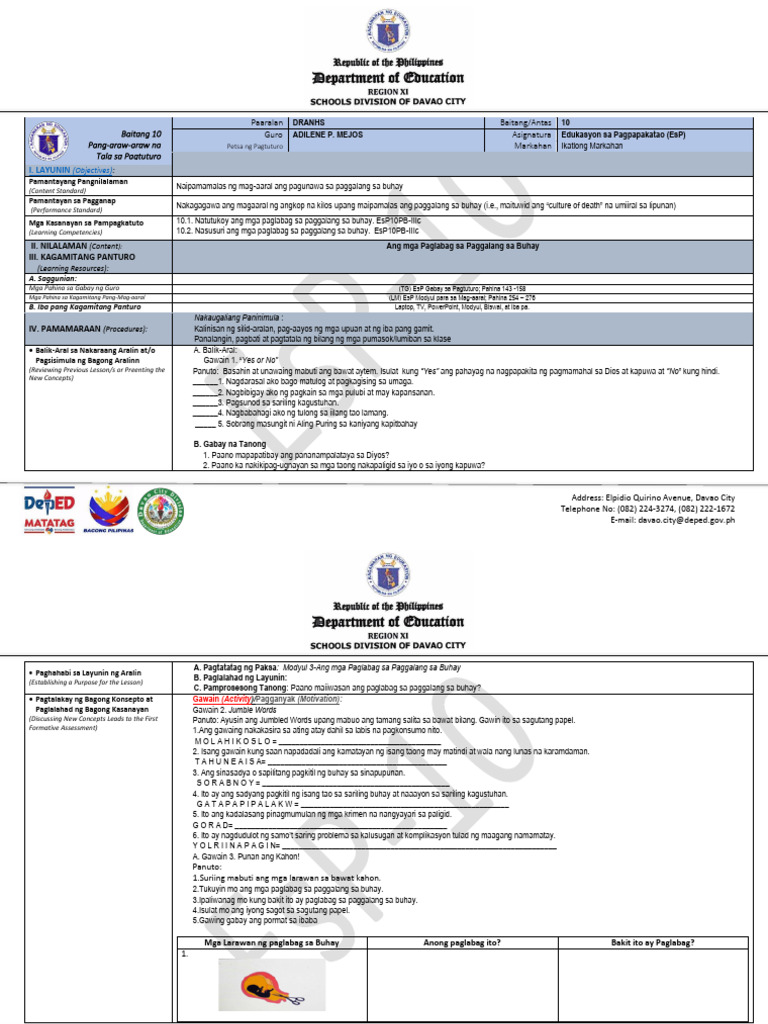 Dranhs 10 Adilene P. Mejos Edukasyon Sa Pagpapakatao (Esp) : Baitang 10 ...