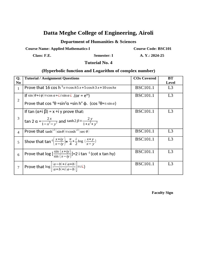Tut 4 Hyperbolic Functon and Logarithm of Complex Numbers | PDF