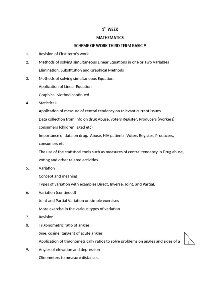 JSS 3 Mathematics Scheme of Work 2025 | PDF | Trigonometric Functions ...