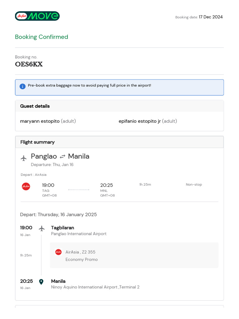 Itinerary TAG MNL 16-01-2025 290902302112 | PDF