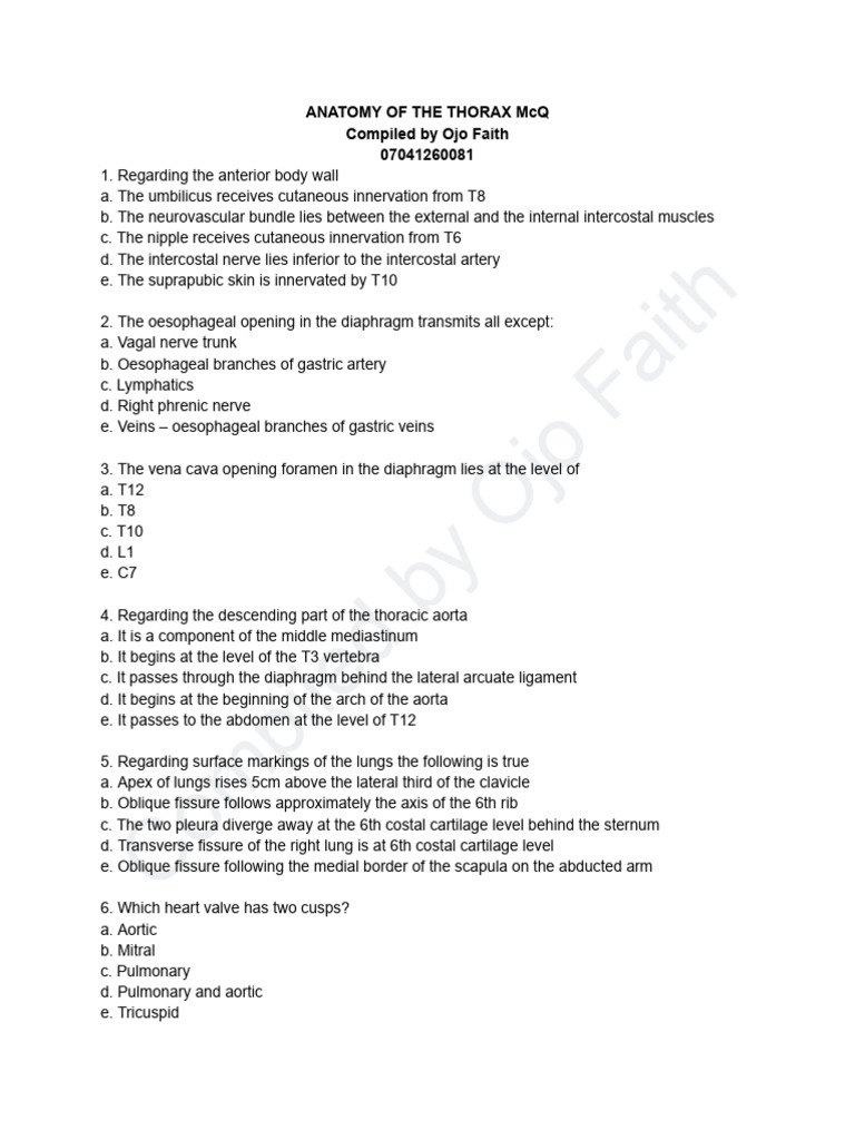 Anatomy of the Thorax Mcq | PDF | Aorta | Coronary Circulation