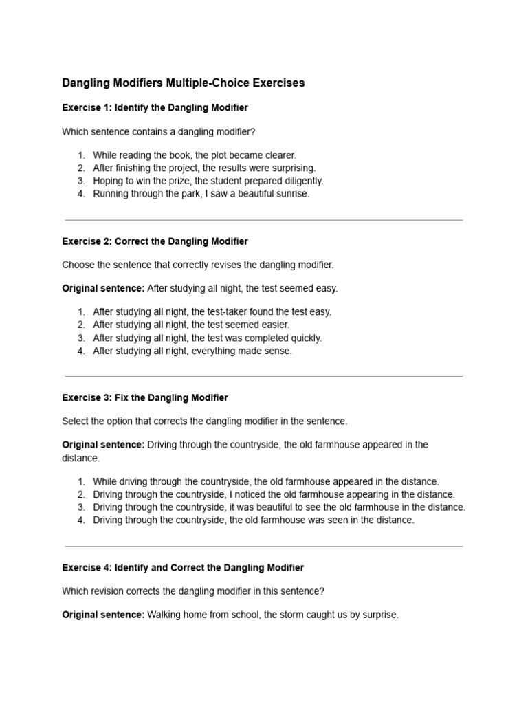 Dangling and Misplaced Modifiers Exercises | PDF | Multiple Choice
