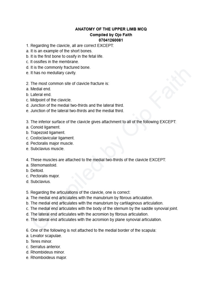 Anatomy Of The Upper Limb Mcq Pdf Limbs Anatomy Human Anatomy