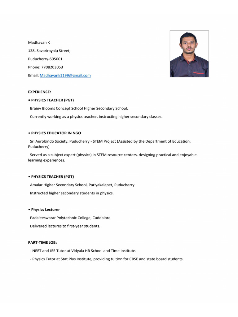 Curriculum Vitae (MADHAVAN) | PDF