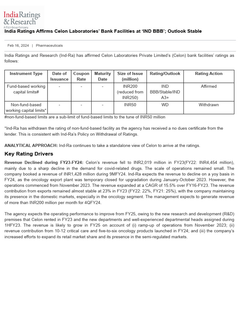 Celon Laboratories Bank Rating Affirmed | PDF | Financial Analyst ...