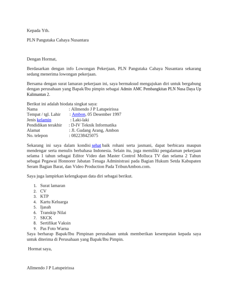 Surat Lamaran Admin AMC PLN Nusa Daya | PDF
