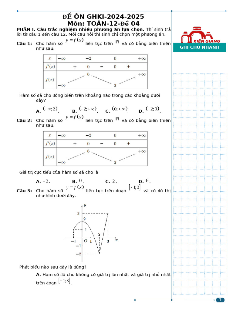 ÔN GHKI-2024-2025 Môn: TOÁN-12-04: PH N I. Câu TR C Nghi M Nhi Uph Ngánl Ach N | PDF