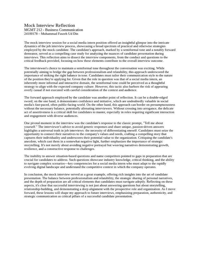 24100178 - Mock Interview Reflection | PDF | Narrative | Job Interview