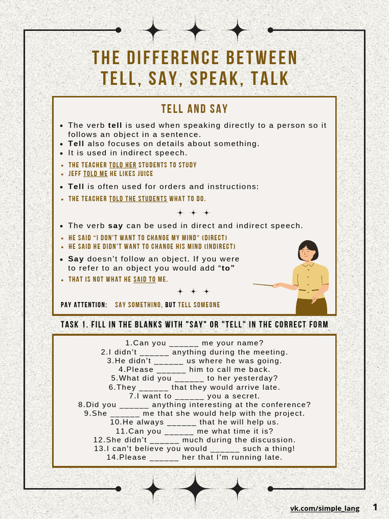 The Difference Between Tell Say Speak Talk by Simple Language | PDF ...