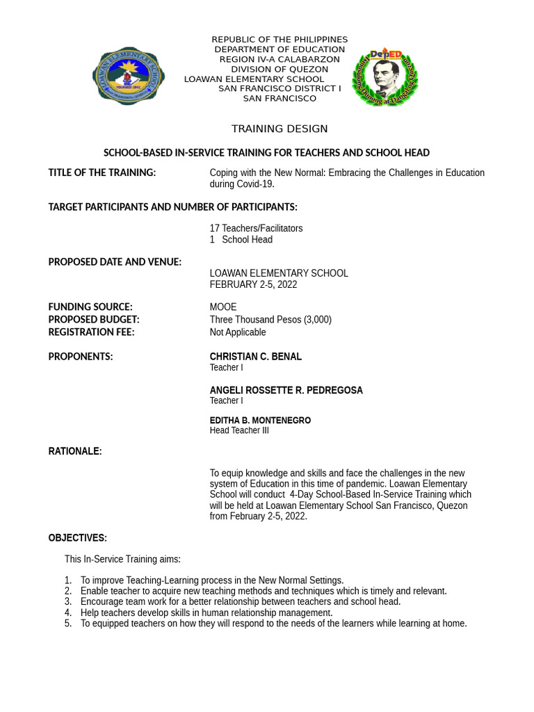 Training Design School Based Inset | PDF | Teachers | Teaching