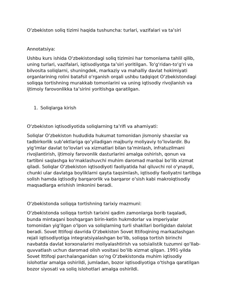 Soliqlar, Ularning Turlari Va Vazifalari | PDF