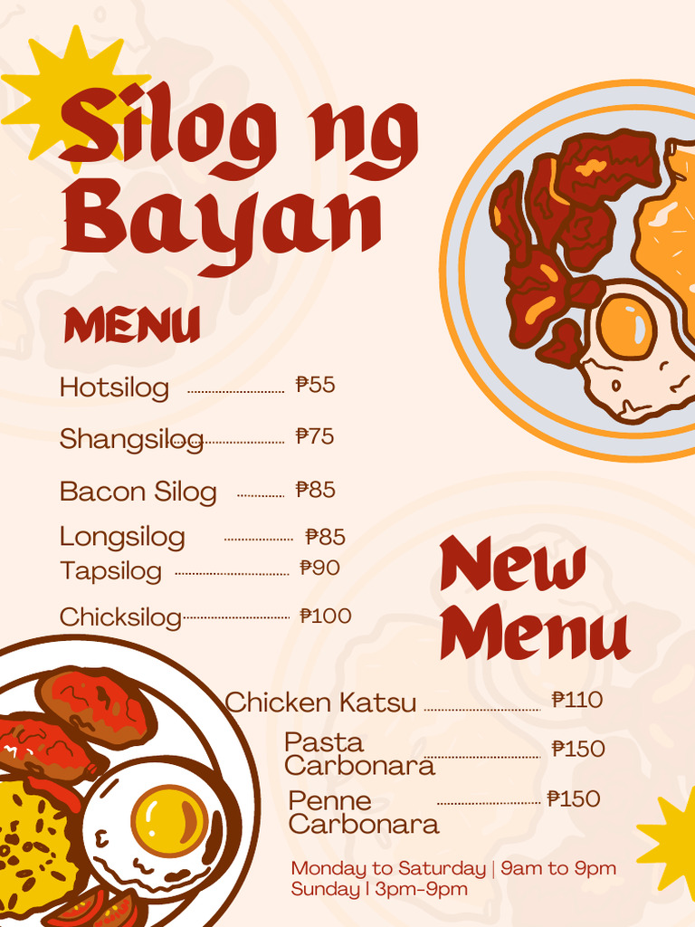 Red and Yellow Illustrative Silog Food Business Menu | PDF