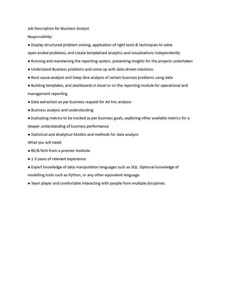 Business Analyst Job Description | PDF