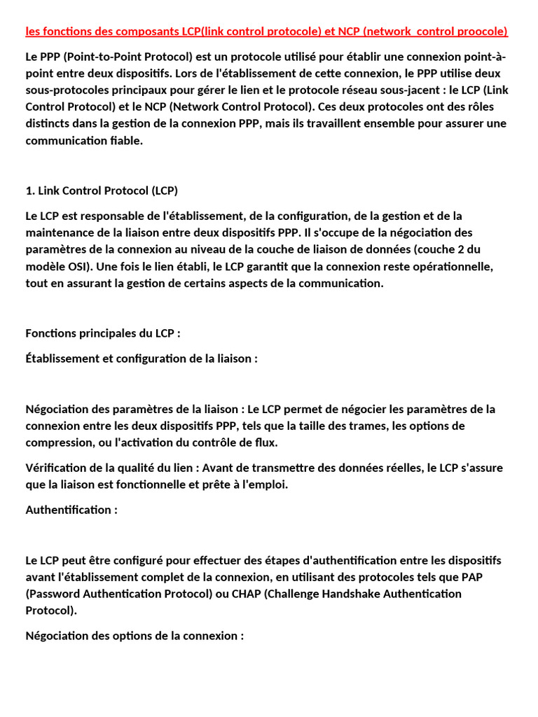 Les Fonctions Des Composants LCP (Link Control Protocol) Et NCP ...