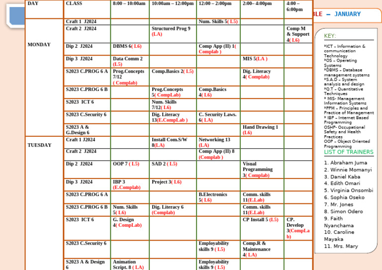 January 2024 Computing Timetable Pdf Communication Information