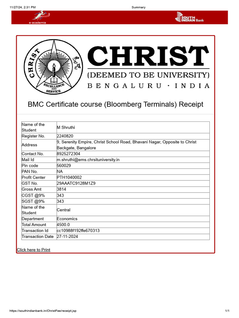 BMC Course Receipt for M Shruthi | PDF