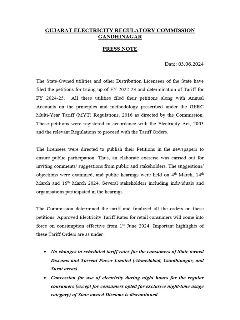 Gujarat Electricity Tariff 2024-25 Updates | PDF | Electric Power ...